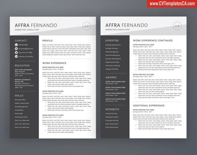 Resume / CV Template for Microsoft Word, Curriculum Vitae, Professional ...