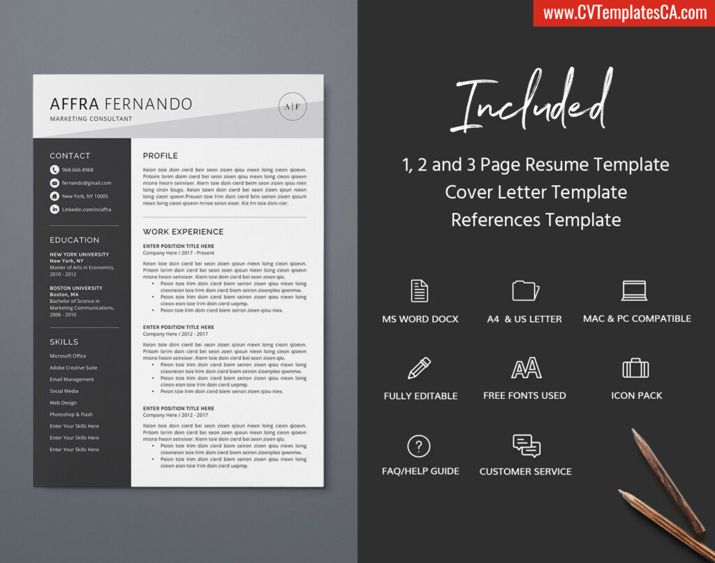 Resume / CV Template for Microsoft Word, Curriculum Vitae, Professional ...