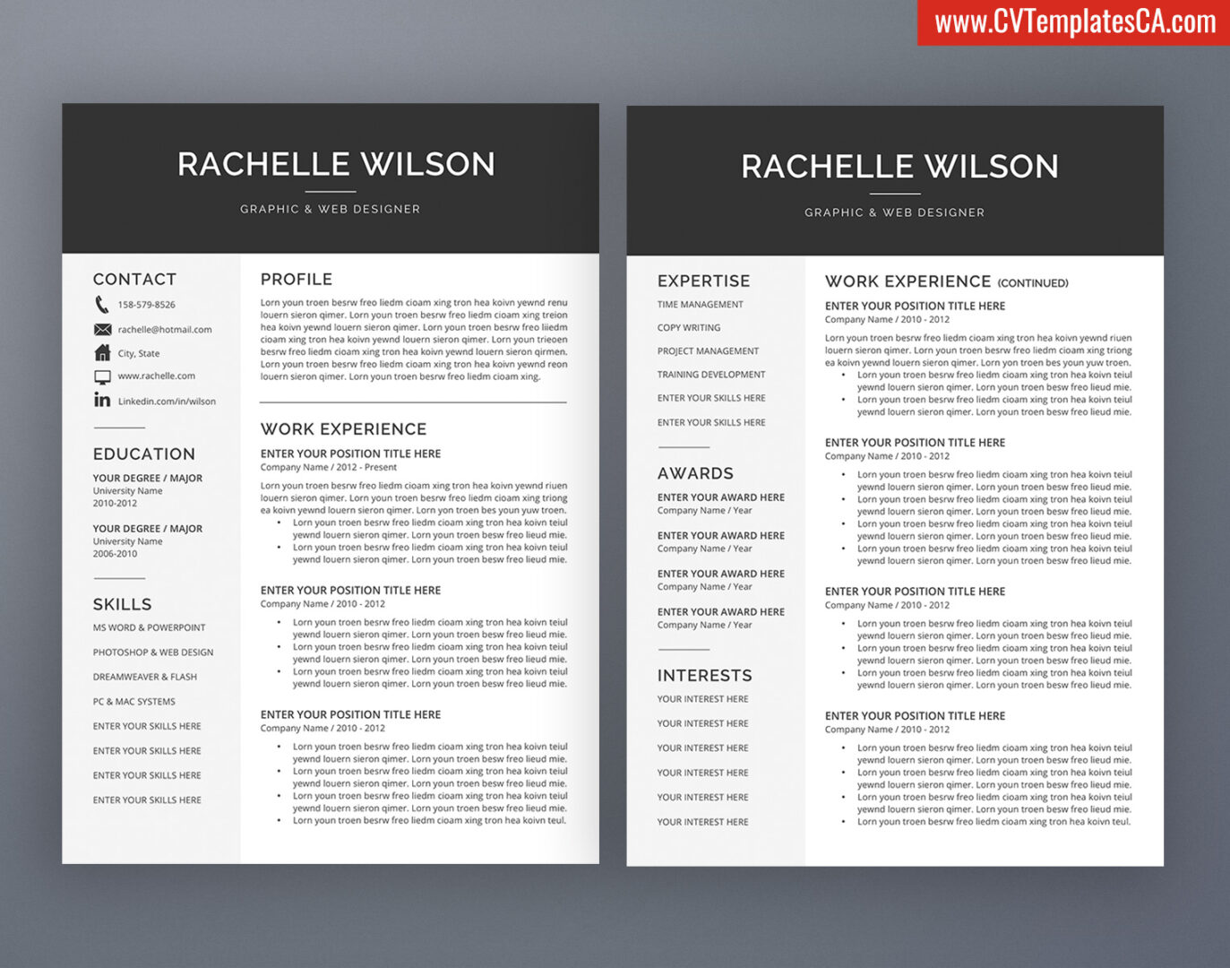 Resume / CV Template for Microsoft Word, Cover Letter, References ...
